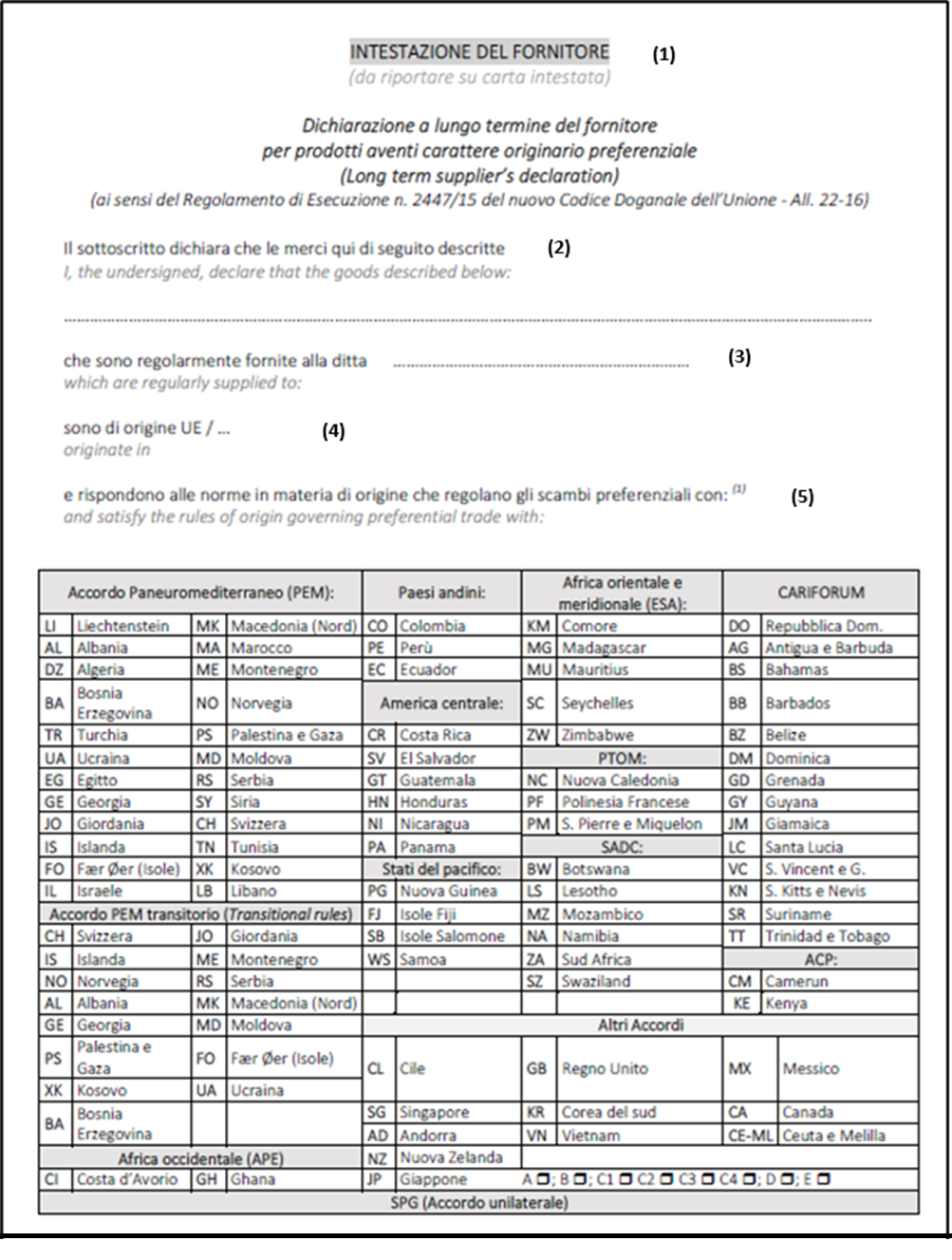 Origine preferenziale della merce: dichiarazione del fornitore